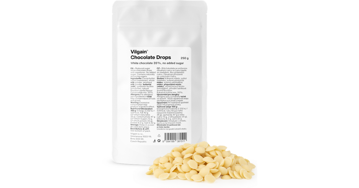 White Chocolate Drops, Sugar Free 250g | Vilgain